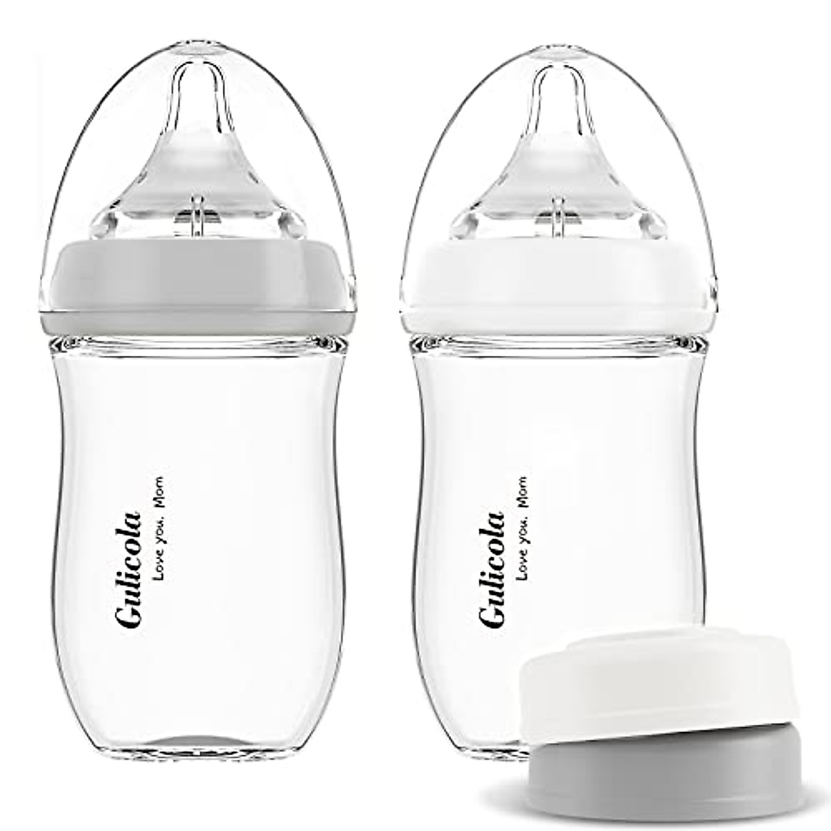 Gulicola Natural Glass Baby Bottle for Breastfed Babies, Medium Flow, Anti-Colic, 3 Months+, 5oz, 2 Count(Grey White)
