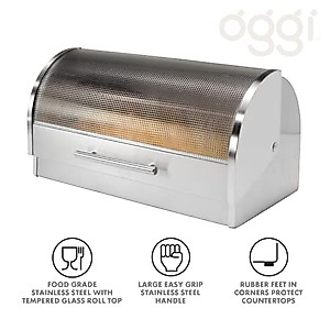 Oggi Stainless Steel Roll Top Bread Box with Tempered Glass Lid