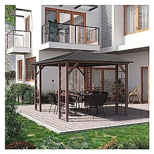 10' x 12' Permanent Gazebo Canopy, Adjustable Metal Roof Hardtop Gazebo, Hardtop Gazebo with Waterproof Metal Roof and Wood Grain Metal Frame for Porch Party, Garden, Grill Gazebo