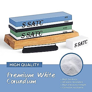 S SATC Knife Sharpening Stone Whetstone 4 Side Grit 400/1000 3000/8000 Stone Knife Sharpeners with Nonslip Rubber Bases, Bamboo Base, Flattening Stone, and Leather Strop