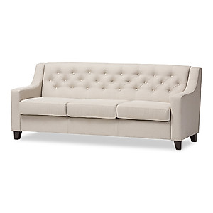 Baxton Studio Gervaise Modern and Contemporary Fabric Upholstered Button-Tufted Living Room 3-Seater Sofa, Light Beige