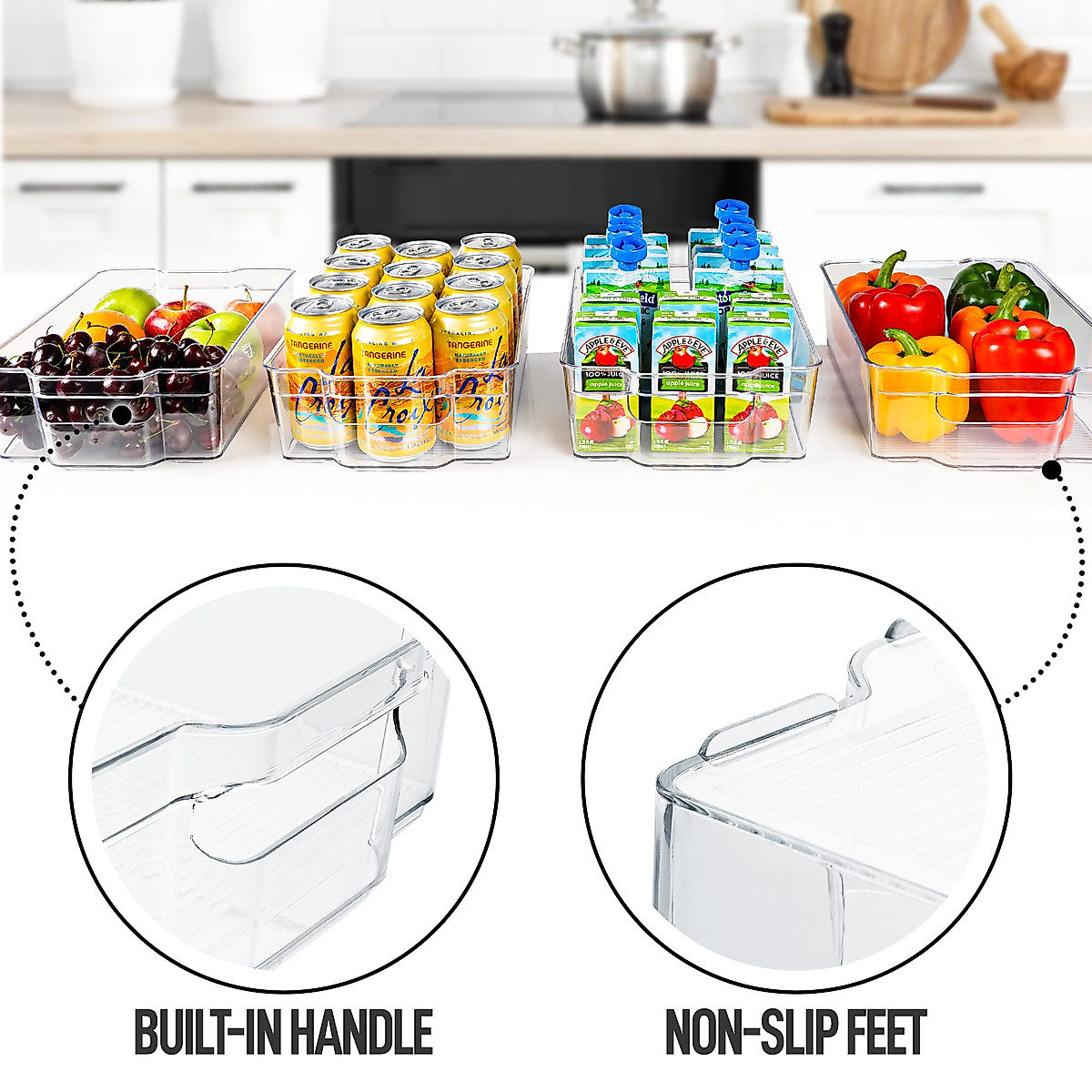 Zulay 4 Pack Clear Refrigerator Organizer Bins - XL Fridge Organizers and Storage Clear - Ideal Freezer Organizer Bins, Refrigerator Storage Containers, Kitchen Cabinets, Pantry Organization