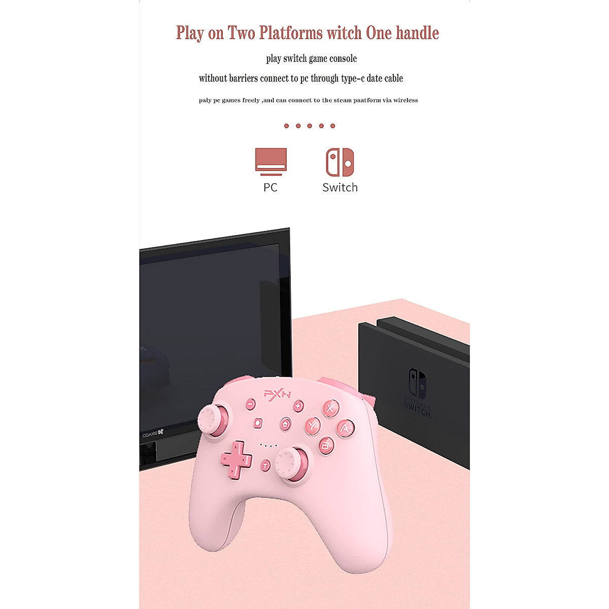 PXN Wireless Switch Controller, Gamepad Joystick with NFC/Amibo/Turbo, Screenshot Gyrox Axis and Dual Vibration, Switch for Nintendo Switch (Pink)