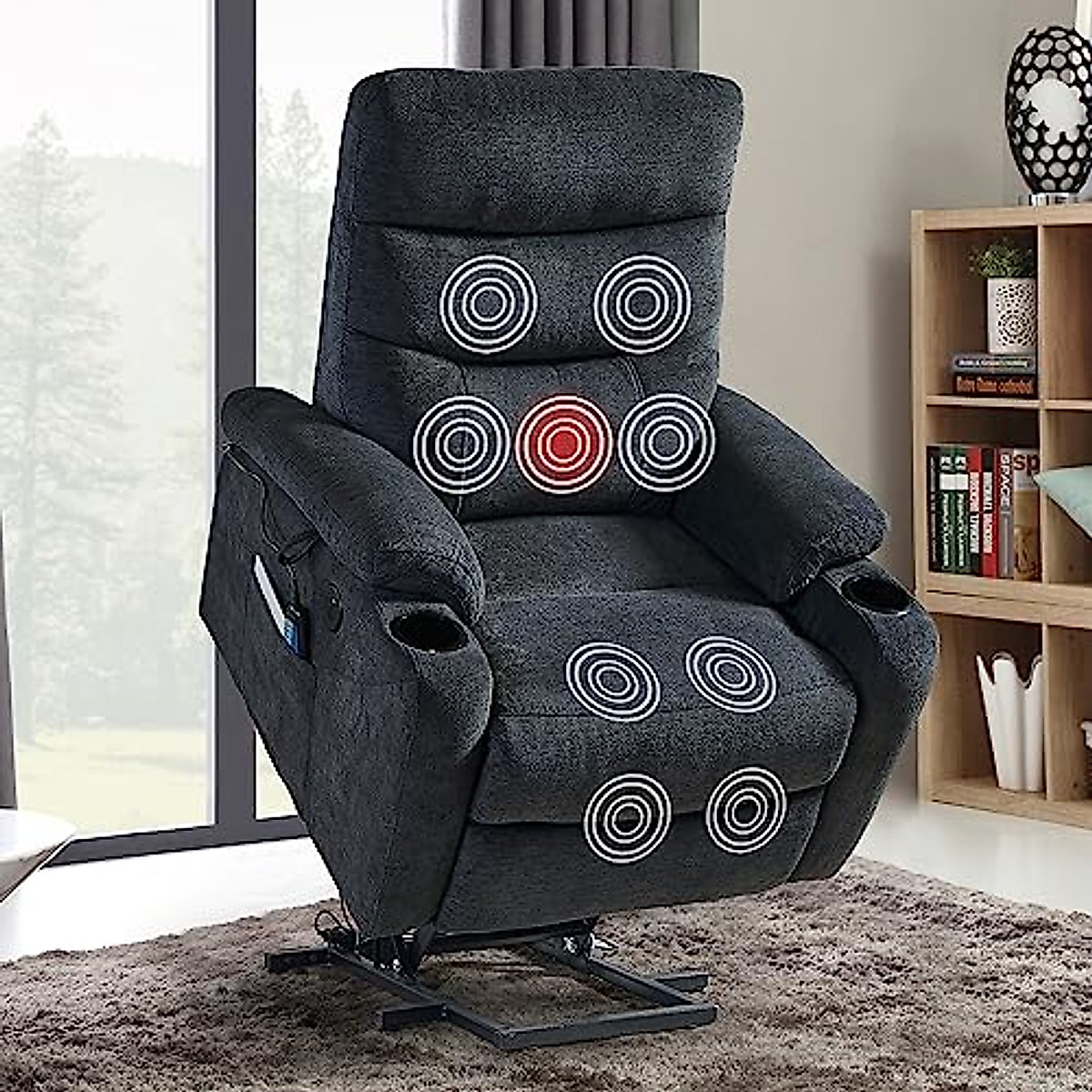 HLTIHOME Electric Power Lift Recliner Chair Sofa with Massage and Heat,3 Positions,2 Side Pockets and Cup Holders,USB Ports, High-end Quality Fabric for Home Living Room Bedroom (Grey)