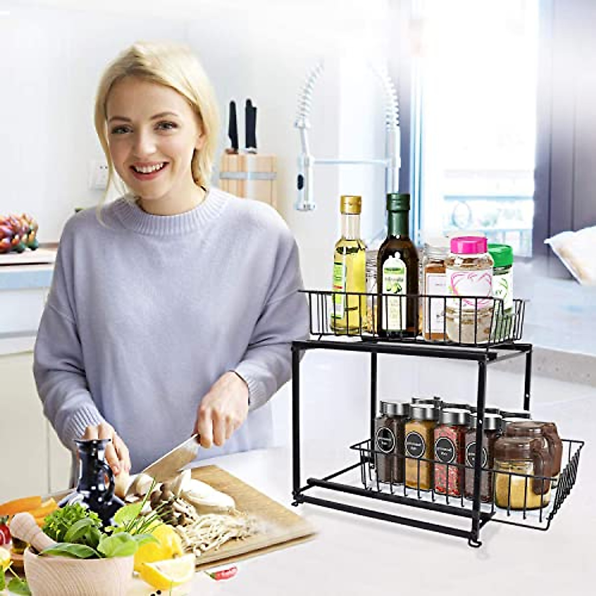 FERLAN Under Sink Organizer, 2-Tier Stackable Kitchen Cabinet Organizer and Storage With Sliding Storage Drawer, for Kitchen, Bathroom, Office, Pantry, Cabinet, Black