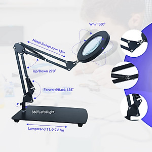 2-in-1 Magnifying Glass with Light and Stand,10X Magnifying Lamp with 3 Color Modes,Dimmable LED Lighted Magnifier Lamp & Clamp for Repair Reading,Crafts,Painting,Close Works