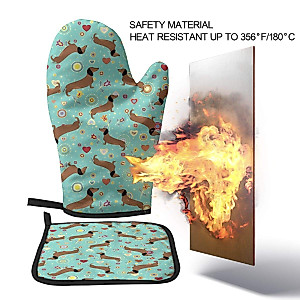 Oven Mitt and Pot Holders, 2 Piece Set, Dachshunds On Turquoise Floral Background Cotton Lining Waterproof BBQ Gloves