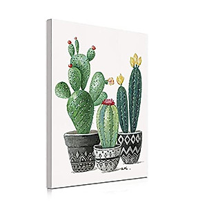Cactus Wall Art Wall Decor: Cactus with Red and Yellow Flowers in Mexican Floral Pot Poster Framed Cactus Bathroom Decor Boho Painting Tropical Green Plant Prickly Canvas for Home Decorations 12''x16''