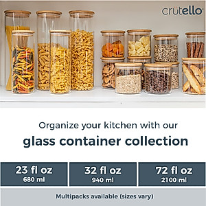 Crutello Glass Food Storage Containers with Bamboo Lids, 3 Pack - 72 Fluid oz Airtight Clear Kitchen Organization Canisters - A Family-Owned American Brand