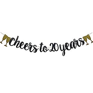 Cheers To 20 Years Banner,Pre-Strung, Black Paper Glitter Party Decorations for 20TH Wedding Anniversary 20 Years Old 20TH Birthday Party Supplies Letters Black Betteryanzi