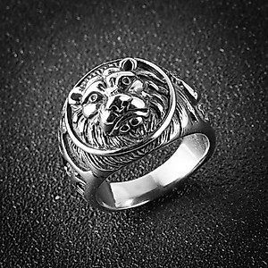 HZMAN Men's Vintage Stainless Steel Ring Lion Head Shield Biker Gold/Silver