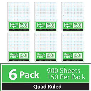 Graph Paper, Loose Leaf Graph Paper, 4 x 4 An Inch Quad Ruled Graph Paper, 10.5” x 8” Graphing Paper, 56 gsm, 150 Per Pack, 900 Sheets (6 Pack)