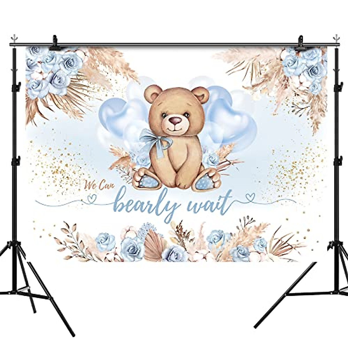 Rsuuinu Boy Bear Baby Shower Backdrop Boho Pampas Blue Flower We can Bearly Wait Photography Background Balloons Bear Baby Shower Backdrops Party Decorations Banner Supplies Photo Booth Props 7x5ft