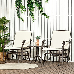 Outsunny 3 Piece Outdoor Glider Chair with Coffee Table Bistro Set, 2 Patio Rocking Swing Chairs with Breathable Sling Fabric, Glass Tabletop, for Backyard, Garden and Porch, Cream White