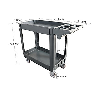 HIGOOD Utility Service Cart, 2-Shelf 500LBS Heavy Duty Plastic Rolling Utility Cart with 360° Swivel Wheels, Lipped Shelves, Ergonomic Storage Handle for Warehouse/Garage