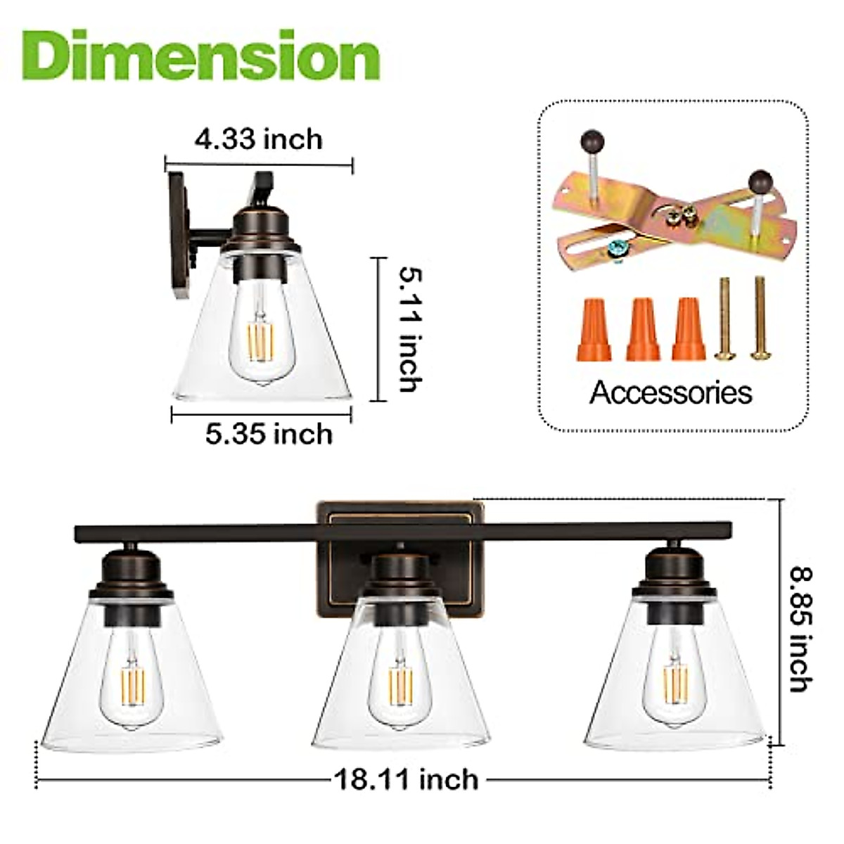 hykolity 3-Light Vanity Light Fixture, 5-Piece All-in-One Bathroom Set (E26 Bulb Base), Oil Rubbed Bronze Wall Lighting with Glass Shads, ETL Listed (Bulb not Included)