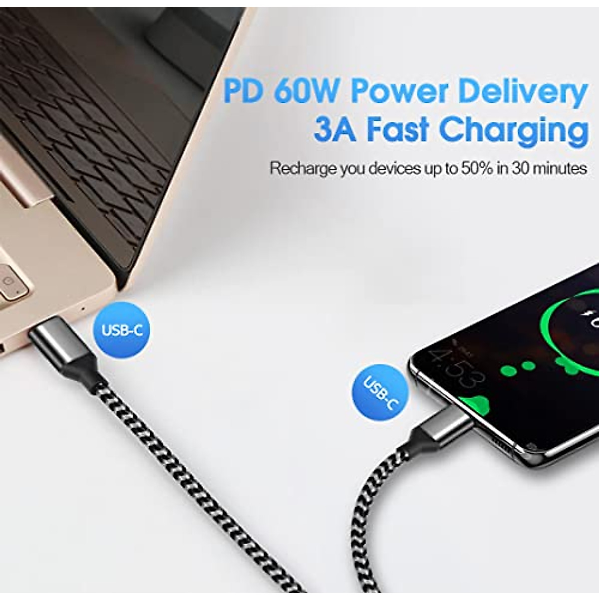 Short USB C to USB C Cable 1FT 3Pack 60W PD Fast Charging Type C Nylon Braided Charger Cord Compatible with Samsung Galaxy A01 A03S A11 A12 A13 A21 A32 A42 A51 A71 A80 A81 A90 S22 S21 Note 20