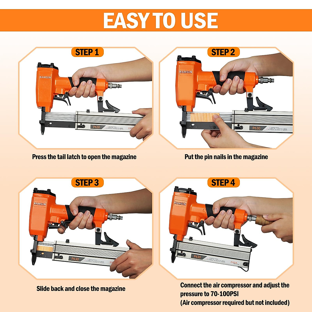 P630 Pneumatic 23 Gauge Pin Nailer Accepts 3/8" to 1-3/16" Pin Nails, Headless Pin Nail Gun with Trigger Safety, Micro Pinner Gun for Assembly and Woodworking Projects