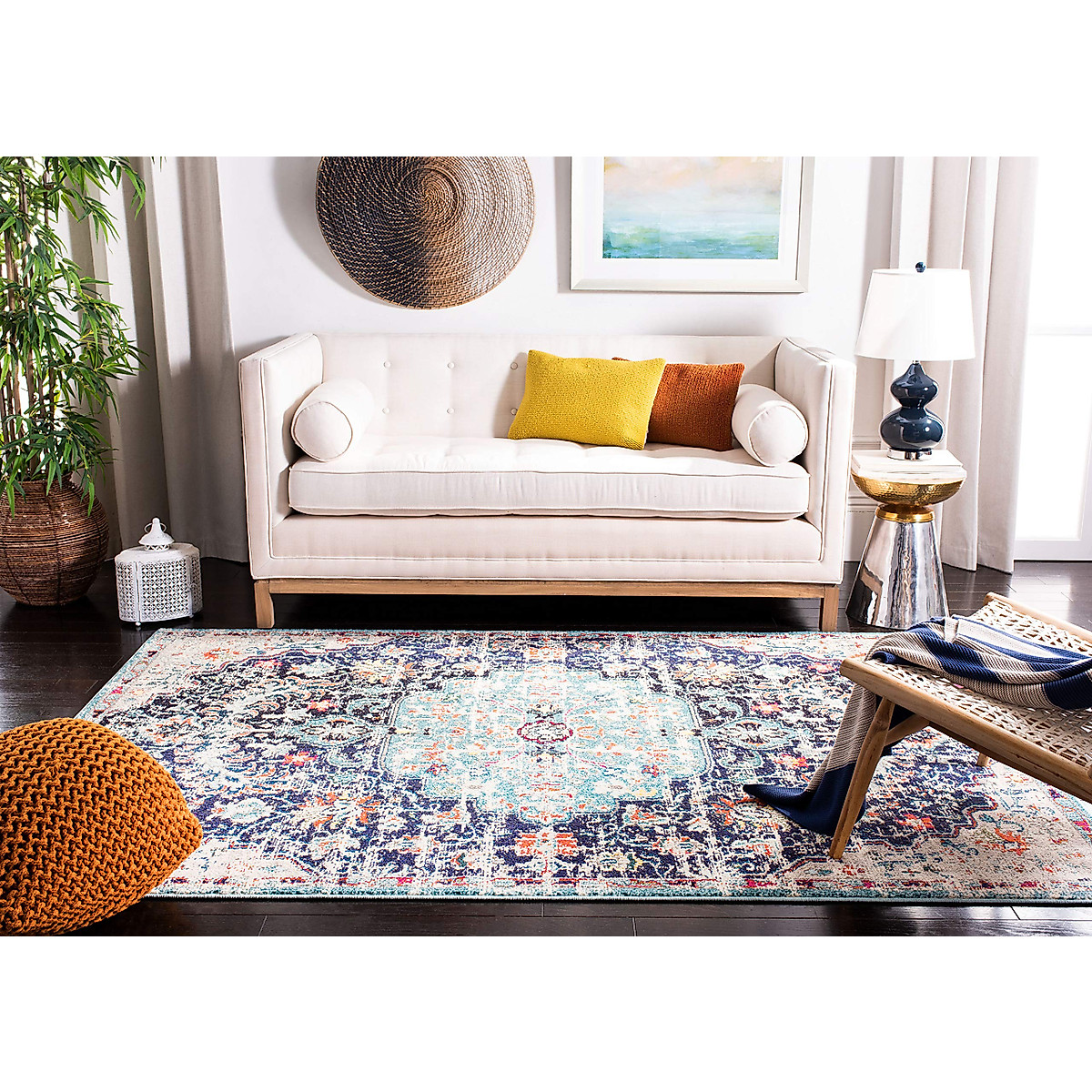 SAFAVIEH Madison Collection Area Rug - 9' x 12', Black & Teal, Boho Chic Medallion Distressed Design, Non-Shedding & Easy Care, Ideal for High Traffic Areas in Living Room, Bedroom (MAD447Z)