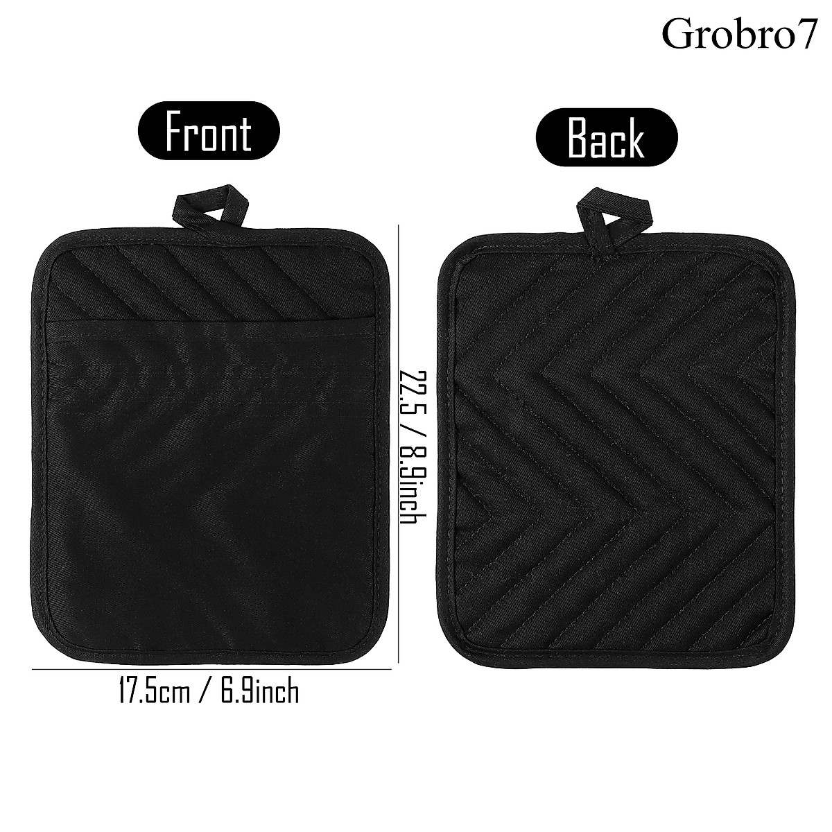 GROBRO7 5Pack Cotton Pocket Pot Holder Set Kitchen Heat Resistant Potholder Machine Washable Potholders Bulk Oven Mitts Black Plain Hot Pads Trivet for Baking Cooking with Pocket 7x9