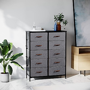 WAYTRIM 10 Drawer Storage Organizer, 10-Drawer Dresser, 10 Fabric Storage Tower for Bedroom, Tall Wide Dresser, for Hallway, Dormitory, Closet, Living Room, Sturdy Steel Frame, Wooden Top - (Grey)