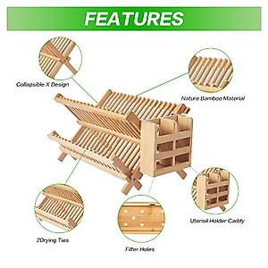 NOVAYEAH Bamboo Dish Drying Rack-2 Tier, Collapsible Small Dish Rack with Utensil Holder, Wooden Drying Rack for Kitchen Counter, Apartment Essentials Kitchen Plate Holder, Kitchen Organization