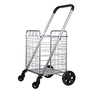 OmniRolls Grocery Shopping Cart with Swivel Wheels, Folding Shopping Cart with Wide Cushion Handle, Mesh Bottom and Brake System, Silve,