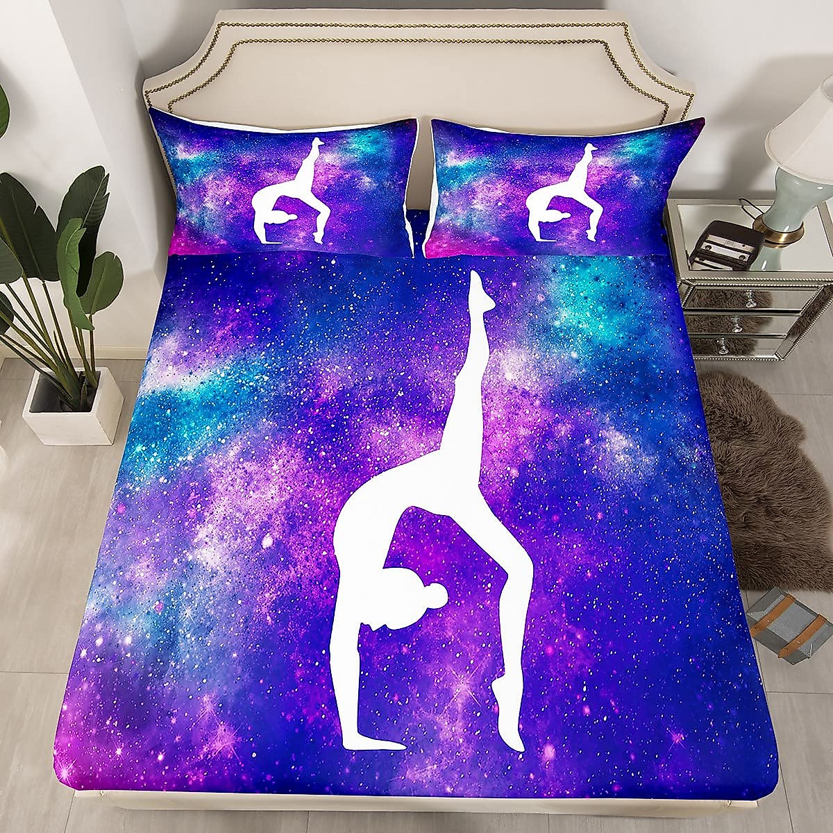 Erosebridal Gymnastic Bed Sheet for Girls Women Gift, Gymnastics Lovers Sheet Set Purple Galaxy Bedding Set Full Size, Tie Dye Glitter Blue Purple Fitted Sheet - Deep Pocket 4 Pcs with 2 Pillowcases