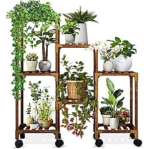 Qilebi Plant Stand Indoor With Wheels, Wood Outdoor Plant Stand for Multiple Plants, 9 Tier Ladder Plant Holder Table Plant Pot Stand for Garden, Balcony, Living Room, Corner, Front & Back Yard