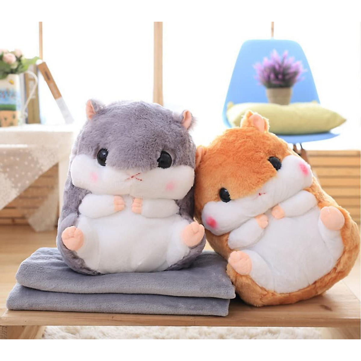 YunNasi Plush Hamster Stuffed Animal Toys Hamster Throw Pillow with Blanket 19.7 Inches Pink