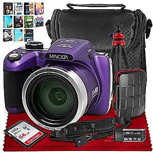 Minolta Pro Shot 16 MegaPixel HD Digital Camera (MN53Z) Purple w/ 53x Optical Zoom, Full 1080p HD Video + 16GB SD Card, plus Deluxe Bundle w/64GB Ultra Memory Card, Padded Carrying Case and more