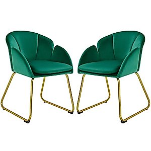 Yaheetech Velvet Dining Chair, Flower Shaped Armchair with Golden Legs, Upholstered Side Chair for Kitchen Dining Room Living Room, Set of 2, Green