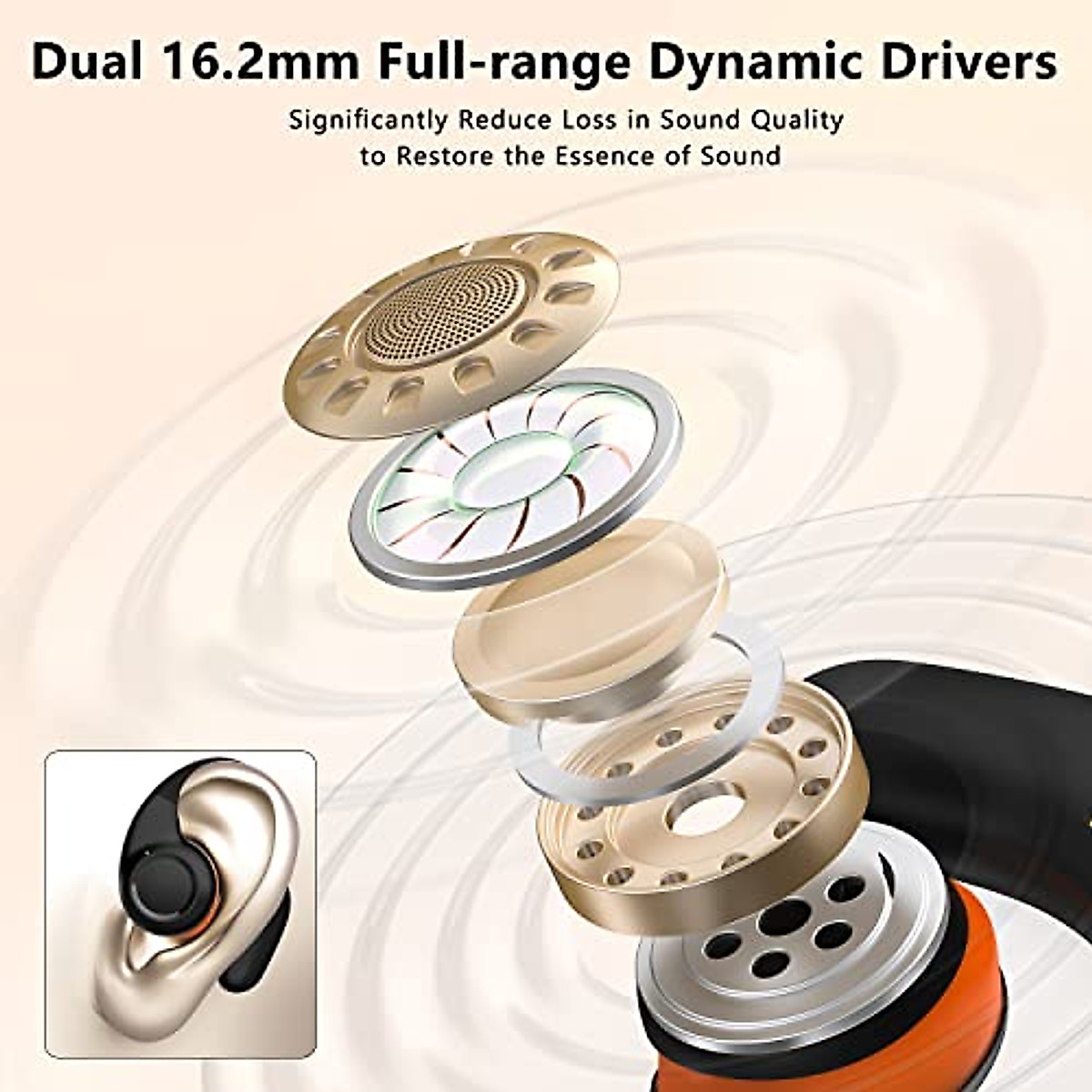 Koobesthy Open Ear Headphones, Bluetooth 5.2 Wireless Earbuds with Ear Hooks, IPX5 Waterproof 100H Playtime Workout Earphones, Dual 16.2mm Dynamic Drivers Touch Control Sport Headphones