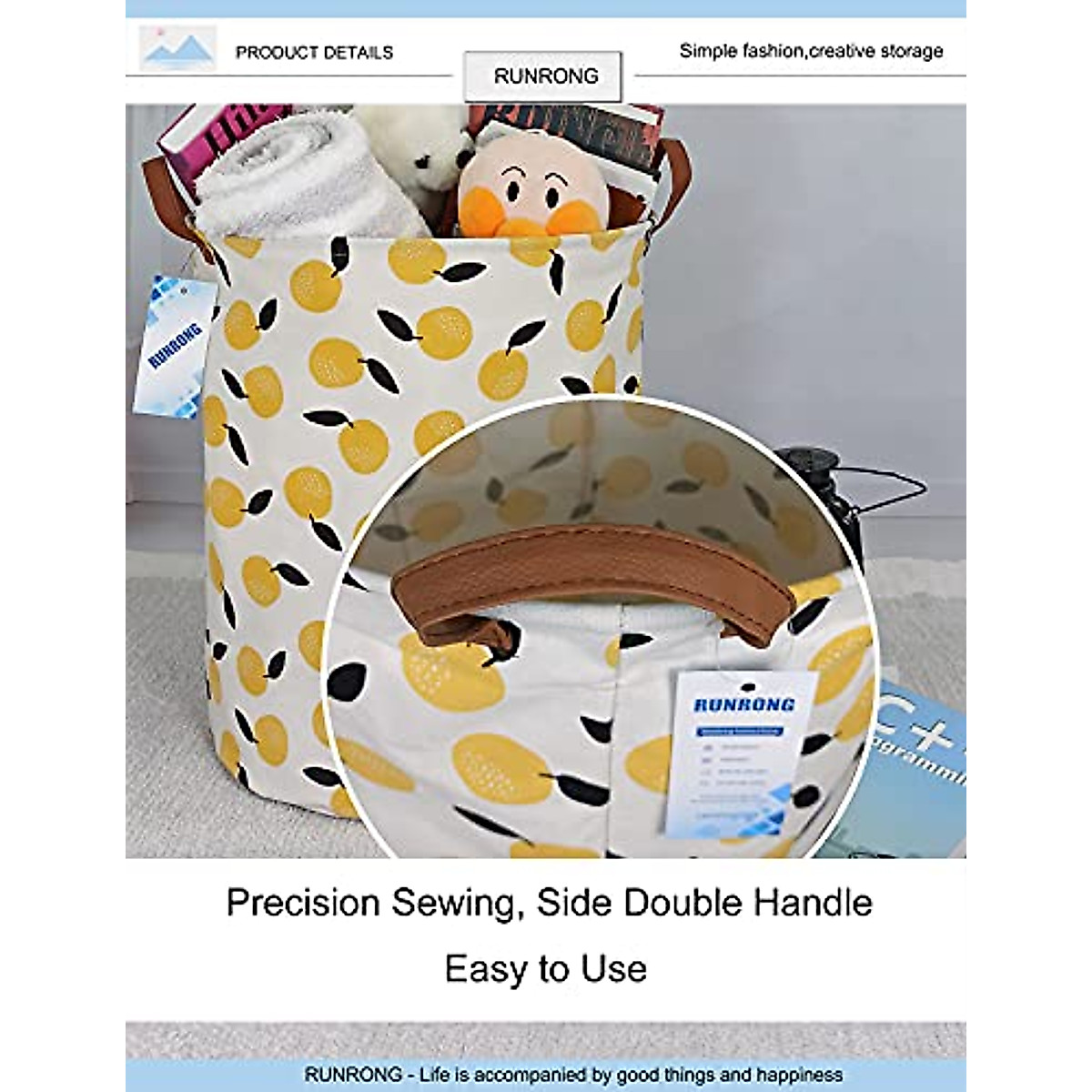 RUNRONG Large Size Round Storage Basket Foldable Waterproof Canvas Laundry Hamper with Handles Nursery Organizer for Bedroom /Living Room/Bathroom(RUN Round Orange)