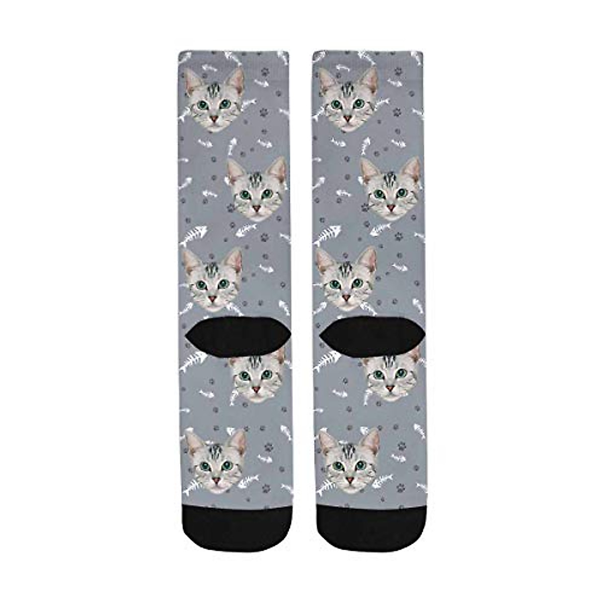 Custom Print Your Photo Funny Pet Face Socks, Personalized Fish Bones, Cat and Dog Tracks Paws Gray Crew Socks with Pictures for Men Women