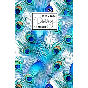 2023 - 2024: 18 Month Diary A5 Week to View on 2 Pages Weekly Journal Agenda WO2P Planner Jul 23 to Dec 24 Horizontal With Moon Phases, UK & US ... Iridescent Blue Green Feather Pattern