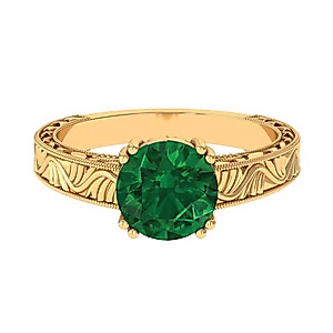 Certified Lab Grown Emerald Vintage Inspired Engagement Ring for Women, Aaaa Quality - With Jewelry Box, 14K Yellow Gold, Size:US 7.50