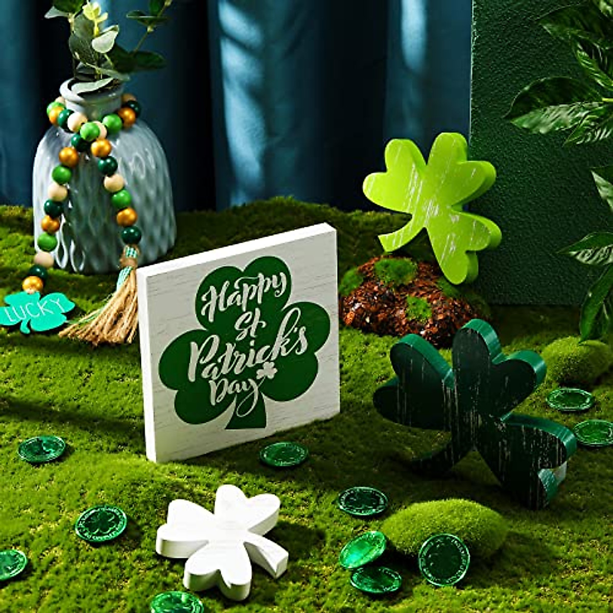 5 Pcs St. Patrick's Day Decor Tray Table Wooden Sign Rustic Shamrock Freestanding Decorations Irish Themed Centerpiece Decorations St. Patricks Day Wood Beads Garland for Home Desk Kitchen Party Decor
