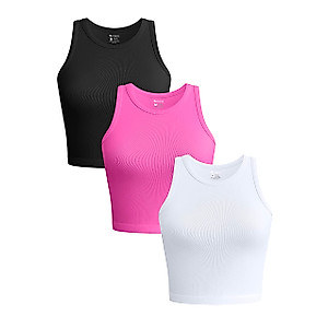 OQQ Women's 3 Piece Tank Shirt Ribbed Seamless Yoga Workout Exercise Racerback Crop, Black Rose White, Medium