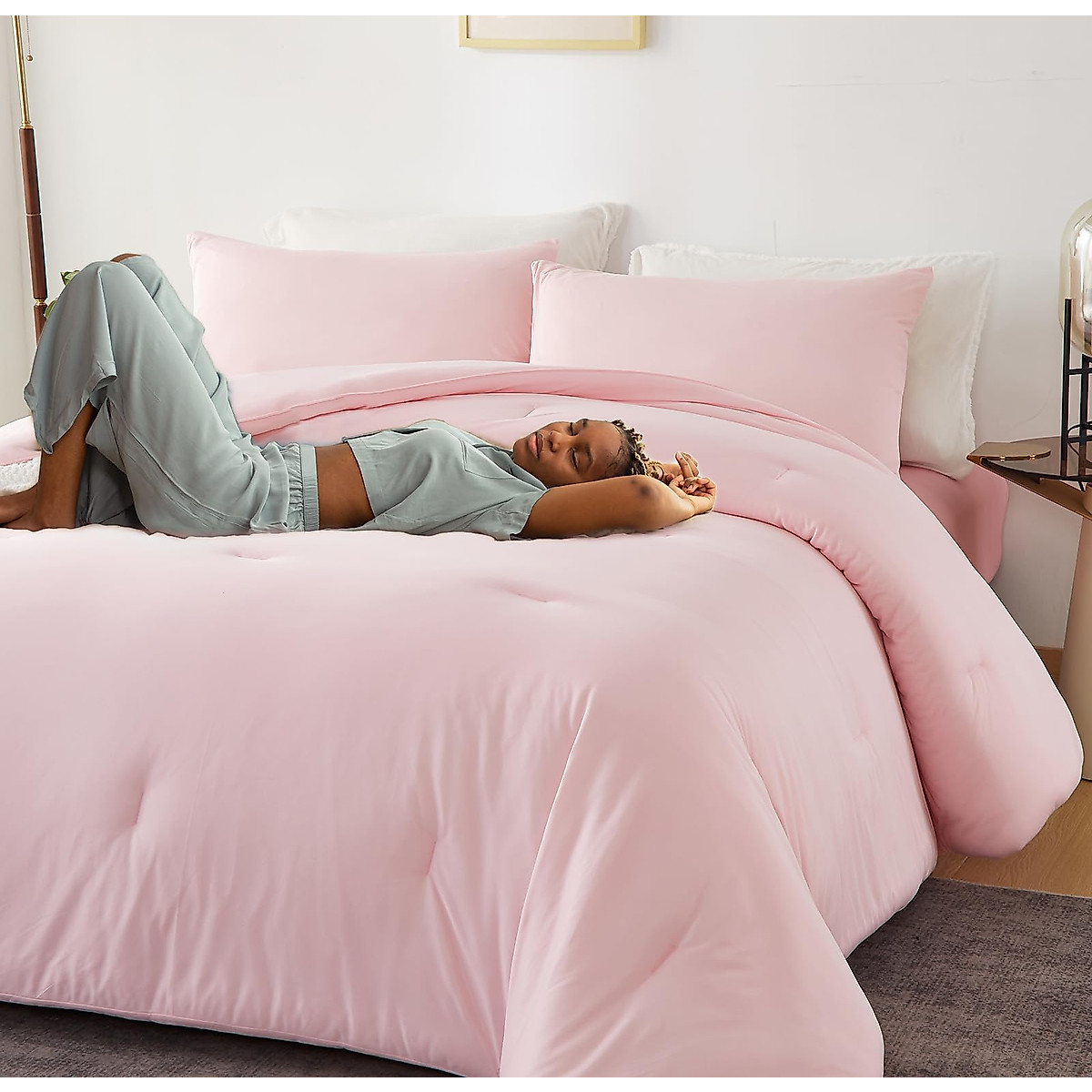 MorroMorn Pink Comforter Set Twin, 4 PCS Bed in a Bag for All Season, Pink Bed Set Cloud Comforters, Fitted Sheets, Pillowcases, Soft for Girls Kids Teen Preppy Dorm (Pink, Twin/Twin XL)