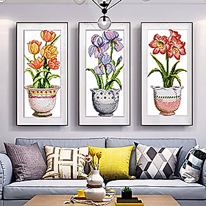 ITSTITCH Cross Stitch Kits for Adults 3 Pack Flowers Crossstitching Kits Preprinted 11CT Printed Cross Stitch Kits for Beginner Prestamped Easy Pattern Needlepoint Kits Crafts for Decor 7.5x15 inch