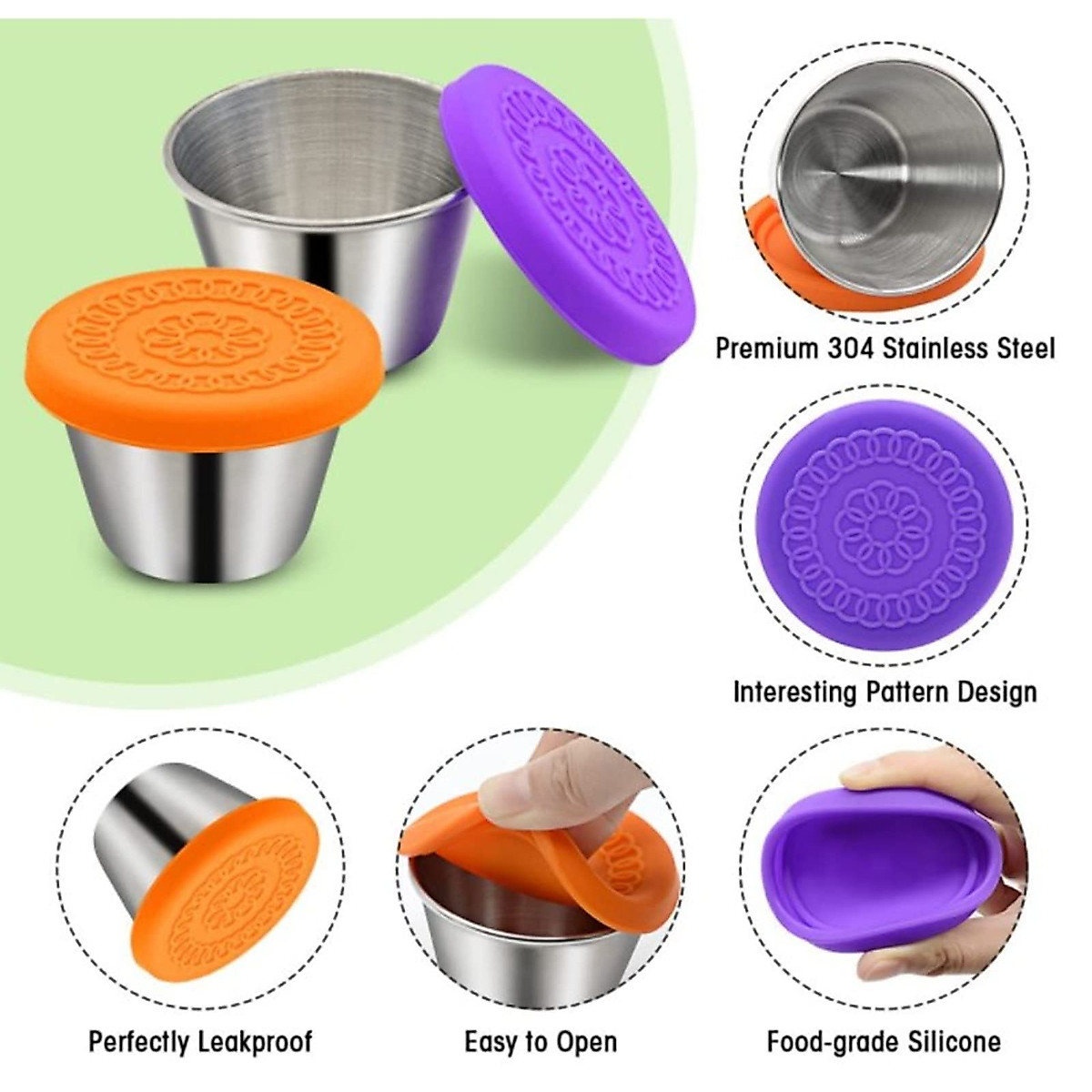 ZHAO 6 Pack 2.4oz Small Condiment Containers with Silicone Lids, Small Salad Dressing Container To Go, Stainless Steel Sauce Container, Leakproof, Reusable, Dipping Sauce Cups with Lids
