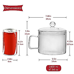 CZFWin Glass Soup Bowl with Lid and Handle, 47 FL OZ Glass Ramen Noodle Bowl Microwave Safe, Clear Glass Simmer Pot for Cooking on Stove