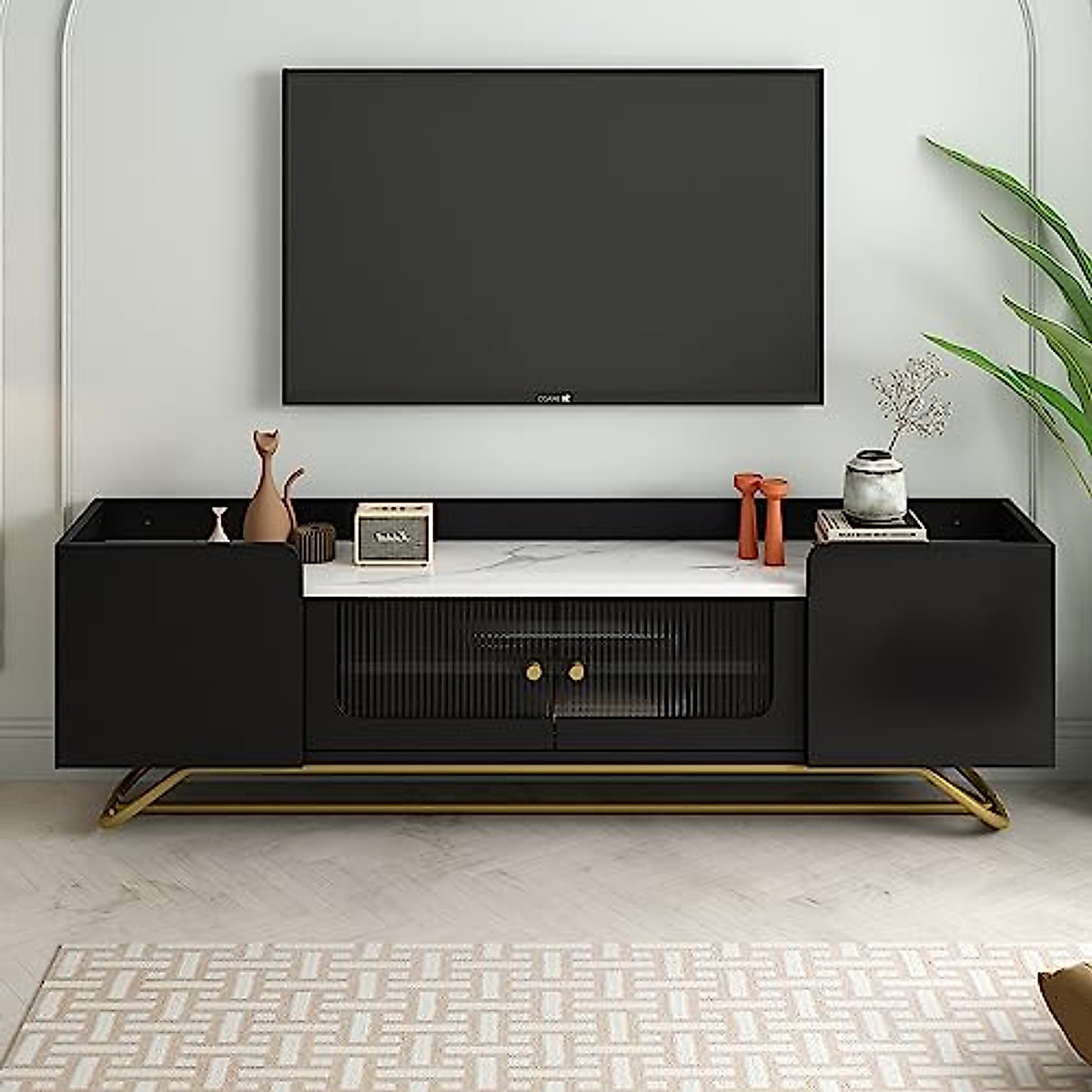 WADRI TV Stand with Fluted Glass, Faux Marble Top Console Table with Gold Frame Base for Living Room, Contemporary Entertainment Center for Television Up to 65" (Black + Particle Board-035)