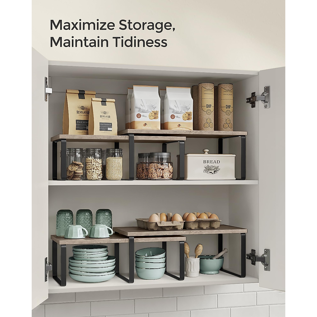 SONGMICS Cabinet Organizer Shelf, Set of 4 Kitchen Counter Shelves, Kitchen Storage, Spice Rack, Stackable, Expandable, Metal and Engineered Wood, Ink Black and Heather Greige UKCS022X02