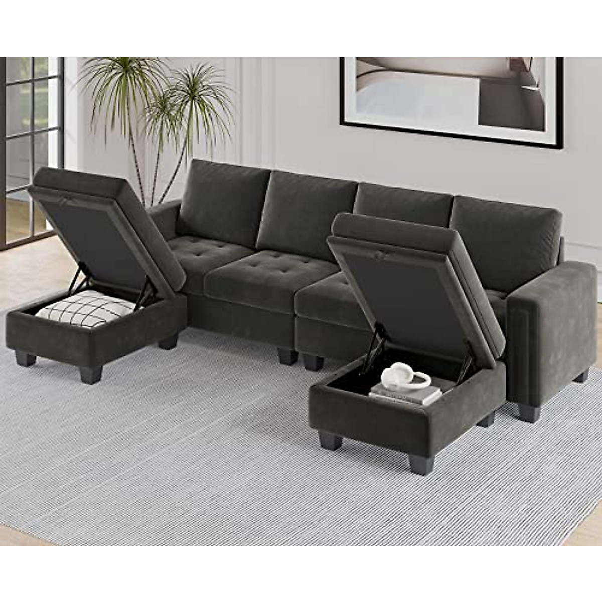 Belffin Velvet U Shaped Sectional Sofa Couch with Storage Ottoman Convertibel Sectional Sofa with Reversible Chaises Grey