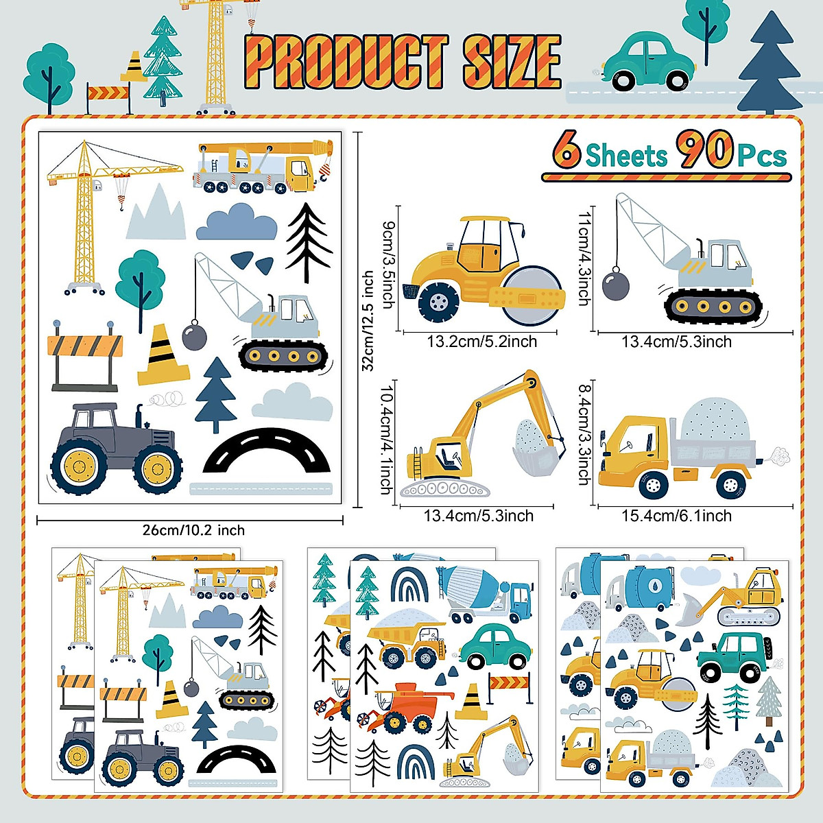 Construction Vehicles Wall Stickers - 6 Sheets 90 Pcs Construction Themed Trucks Excavator Crane Bohemian Style Wall Decals Peel and Stick Wall Decors for Kids Baby Bedroom Boys Room Nursery Playroom