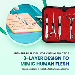 Complete Suture Practice Kit for Suture Training, Including Large Silicone Suture Pad with pre-Cut Wounds and Suture Tool kit. Latest Generation Model. (Demonstration and Education Use Only)