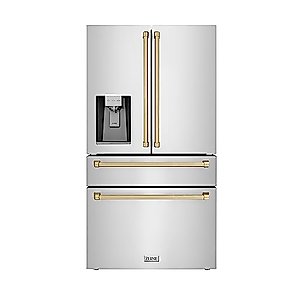 ZLINE 36" Autograph Edition 21.6 cu. ft Freestanding French Door Refrigerator with Water and Ice Dispenser in Fingerprint Resistant Stainless Steel with Champagne Bronze Accents (RFMZ-W-36-CB)