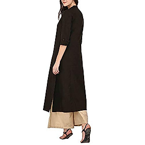Women's Pure Cotton Plain Tunic Top Front Slit 3/4 Sleeves Roll-UP Chinese Neck Buttons Down Pocket Long Kurti Kurta Black